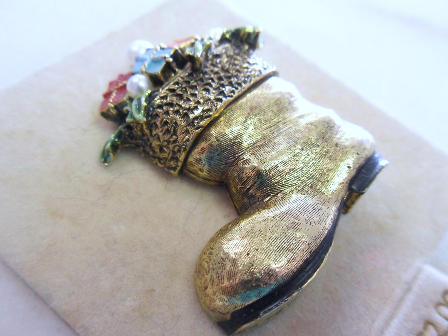 Vintage Christmas Boot Brooch with Enamel Accents | Etsy