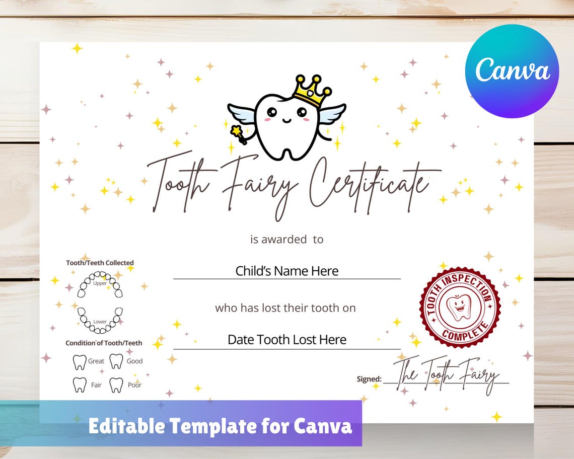 Tooth Fairy Certificate – Editable Canva Template - Instant Download - Etsy
