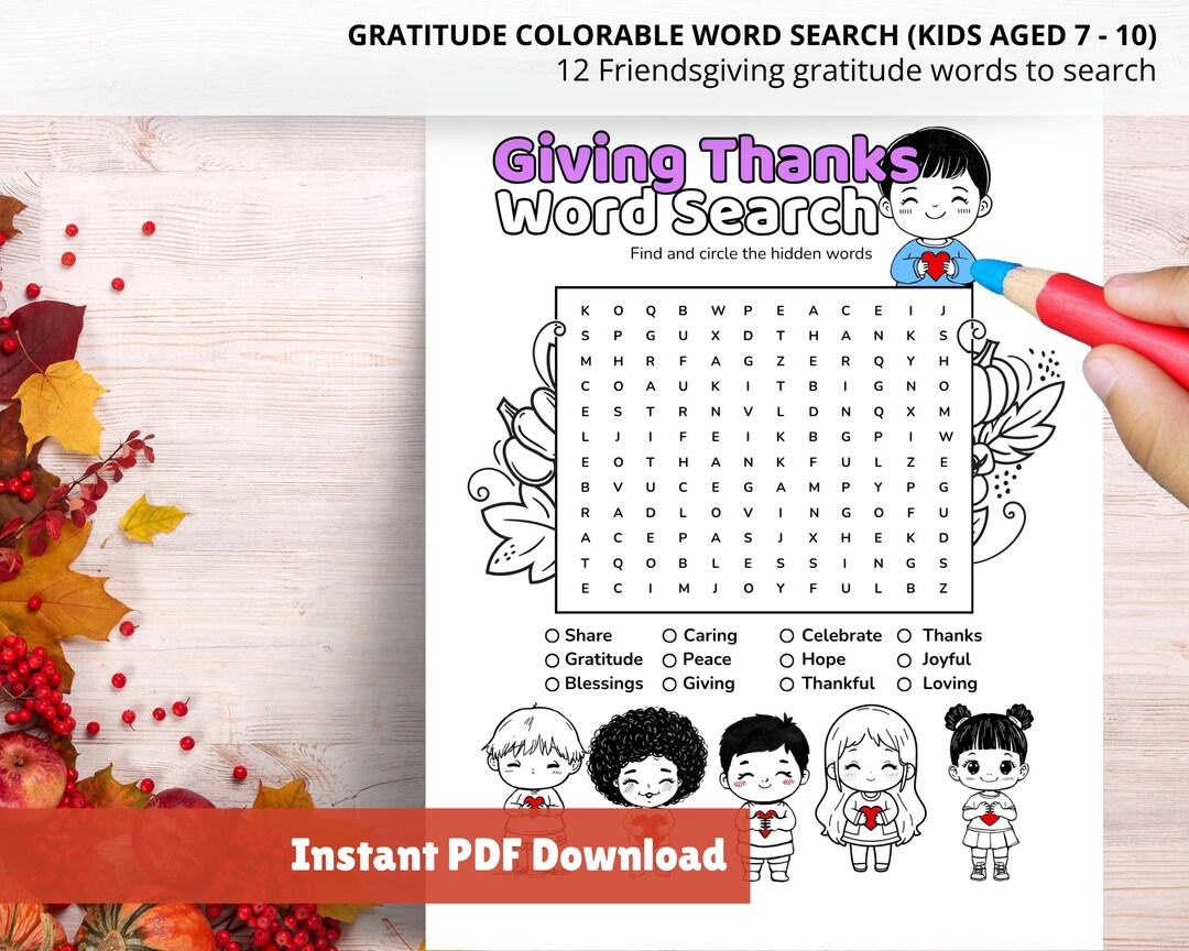 Giving Thanks Word Search for Kids | Printable Word Puzzle | Colorable ...
