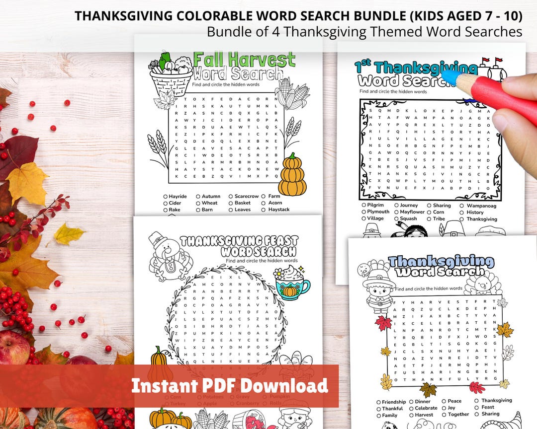 Thanksgiving Word Search Printable Bundle for Kids | 4 Colorable Games ...
