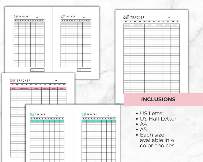 Bill Tracker Printable | Monthly Bill Tracker | US Letter, Half Letter ...
