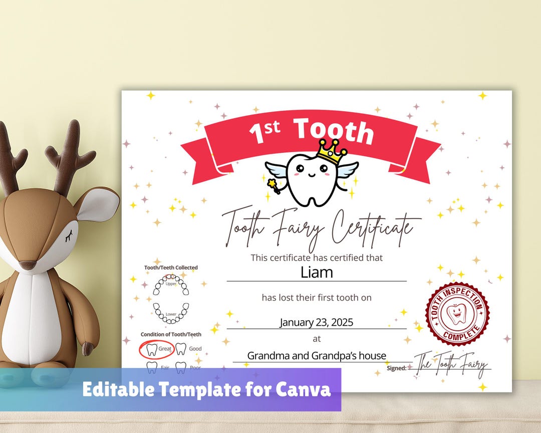 Editable First Lost Tooth Certificate – Editable Canva Template ...