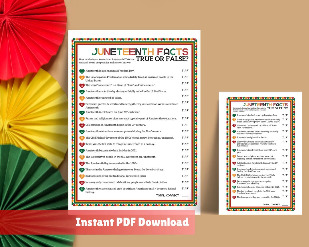 Juneteenth True or False Quiz – Freedom Day Quiz - Printable PDF ...