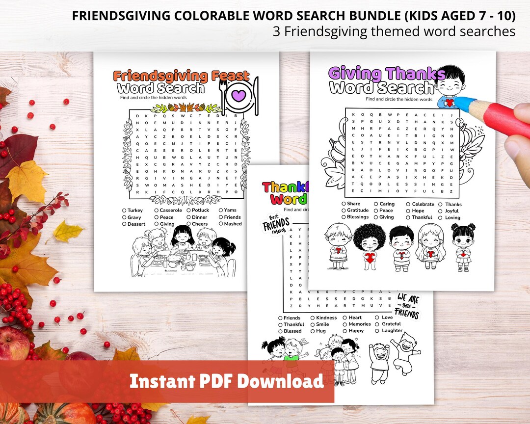 Friendsgiving Word Search Bundle for Kids | Colorable Thanksgiving ...