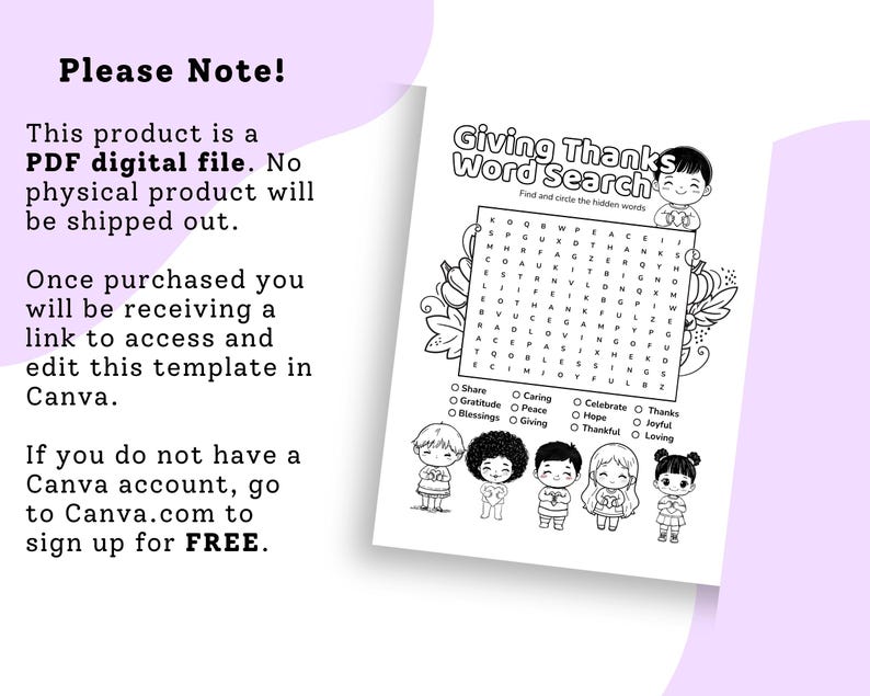 Giving Thanks Word Search for Kids | Printable Word Puzzle | Colorable ...