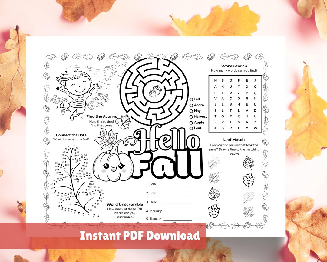 Fall Activity Placemat for Kids | Printable Autumn Coloring Page, Maze ...