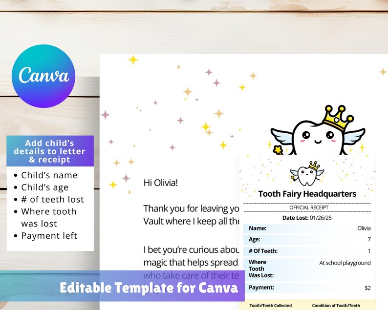 Tooth Fairy Letter & Receipt – Editable Canva Template | Instant ...