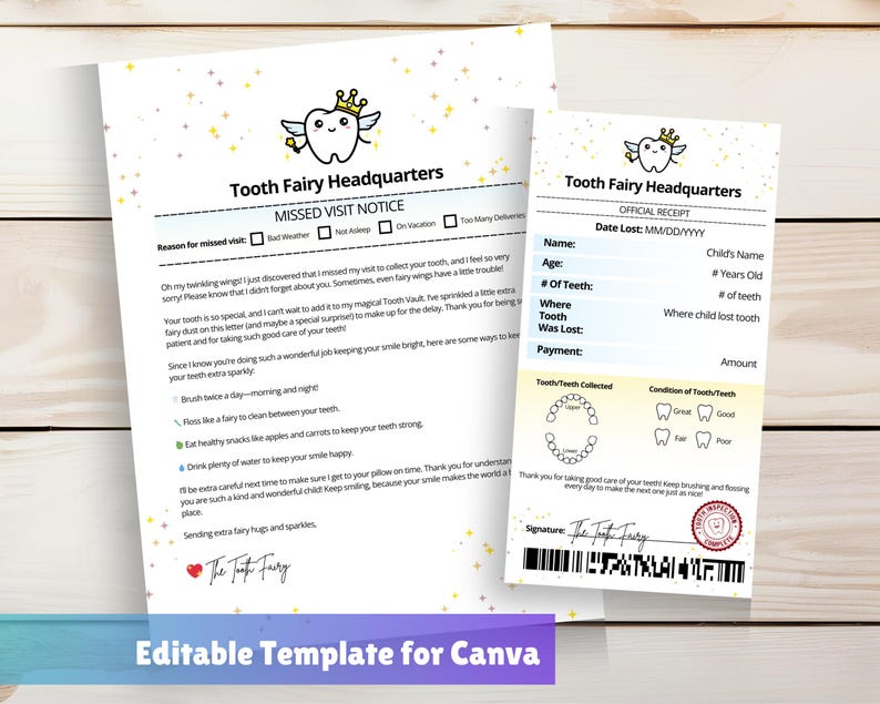 Editable Tooth Fairy Apology Letter & Receipt Canva Template (instant ...