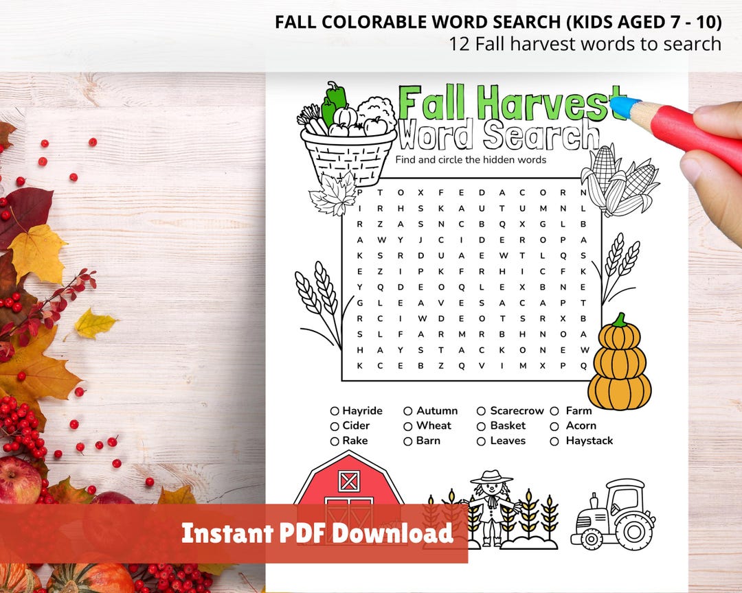 Fall Harvest Word Search Printable for Kids | Colorable Activity Page ...