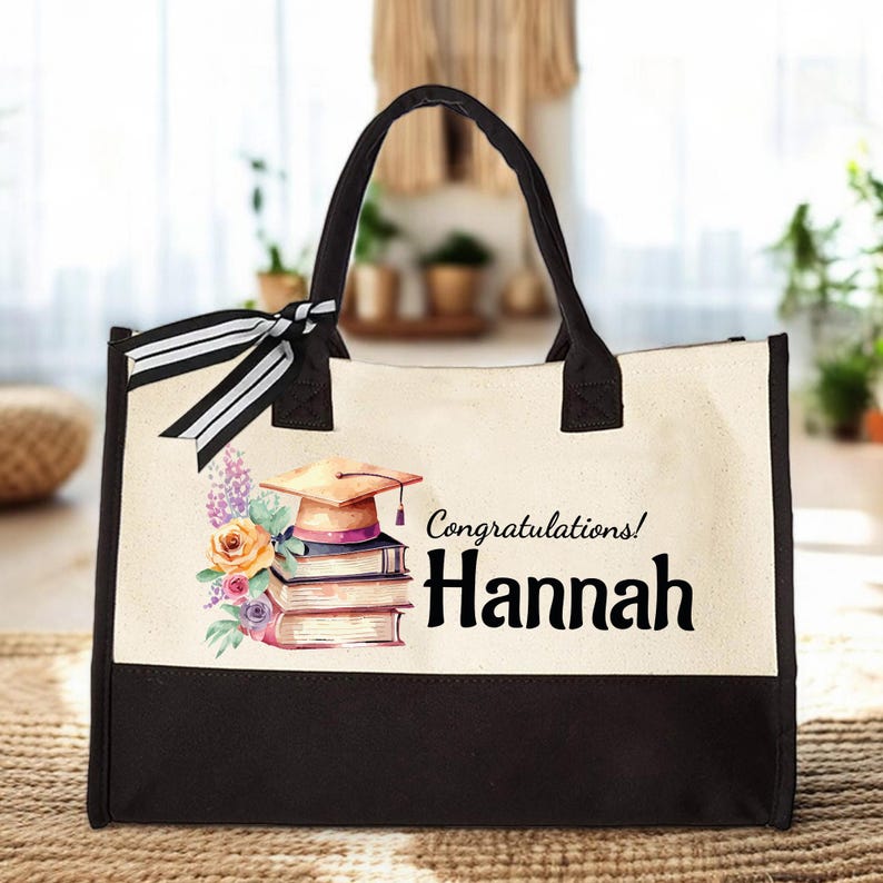 Personalized Graduation Tote Bag, Custom Name Canvas Gift, Floral Book ...
