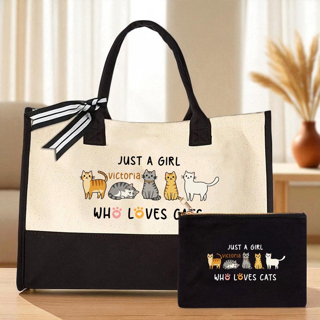 Cats Personalized Tote and Pouch Set, Custom Name Cat Lover Gift, Cute ...