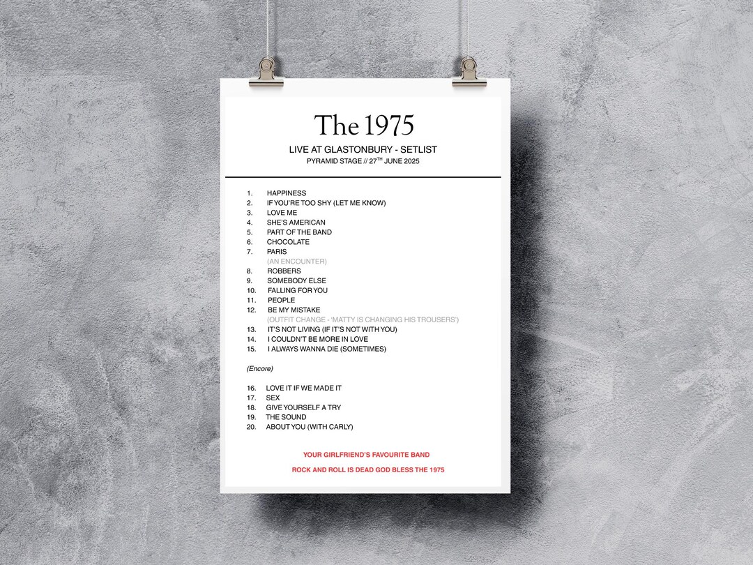 The 1975 Setlist Glastonbury 2025 Print Poster | Digital Download ...