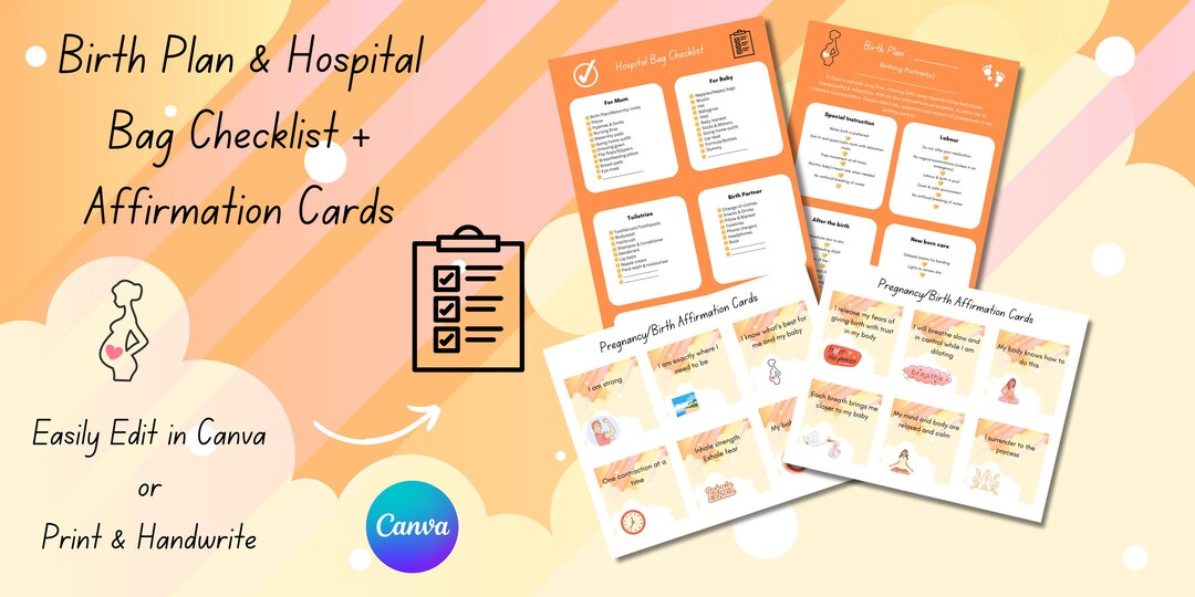 Birth Plan, Hospital Bag Checklist & Affirmation Cards Bundle-printable ...