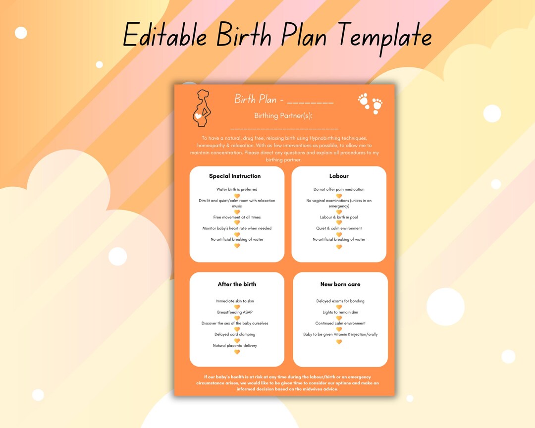 Calm Birth Plan Template Printable | Editable Digital Birth Labour Plan ...