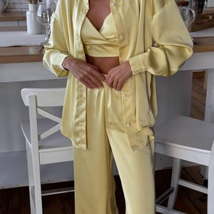 Yellow Satin Pajama Set: Long Sleeve Loungewear, Bridal Pajamas - Etsy
