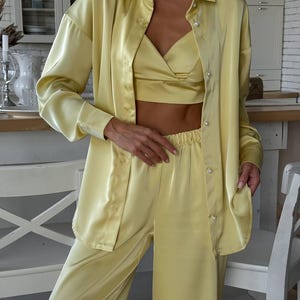 Yellow Satin Pajama Set: Long Sleeve Loungewear, Bridal Pajamas - Etsy