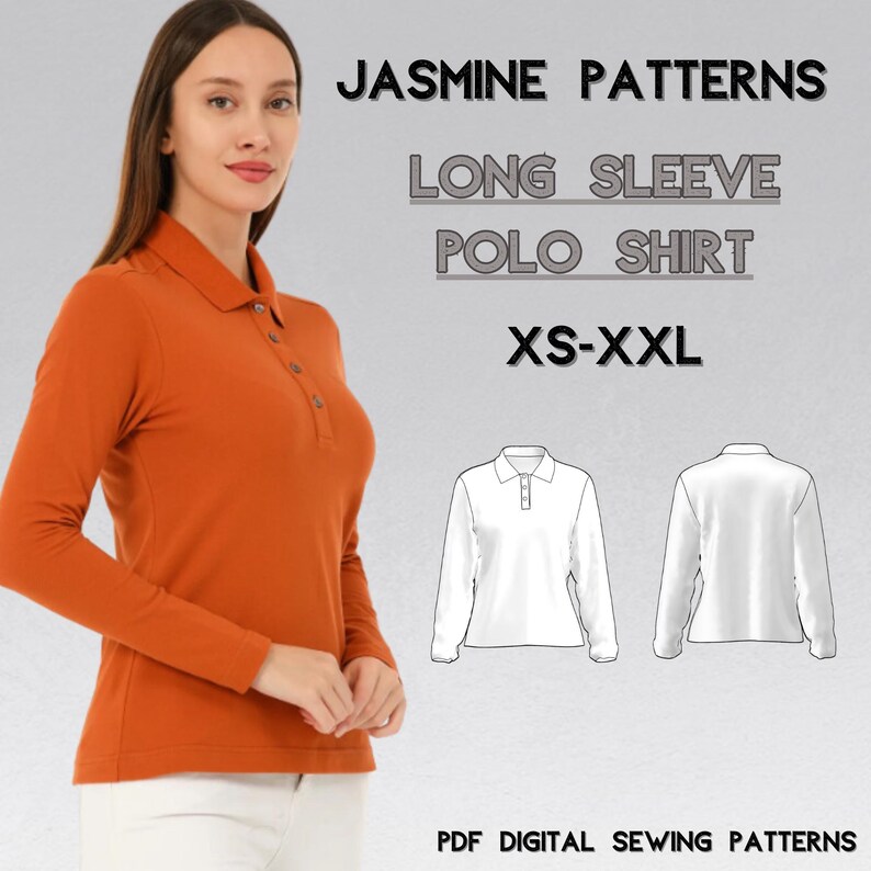 Women's Polo Shirt Sewing Pattern long Sleeve Polo Shirt Sizes for XS-XXL A0-a4-letter Paper ...