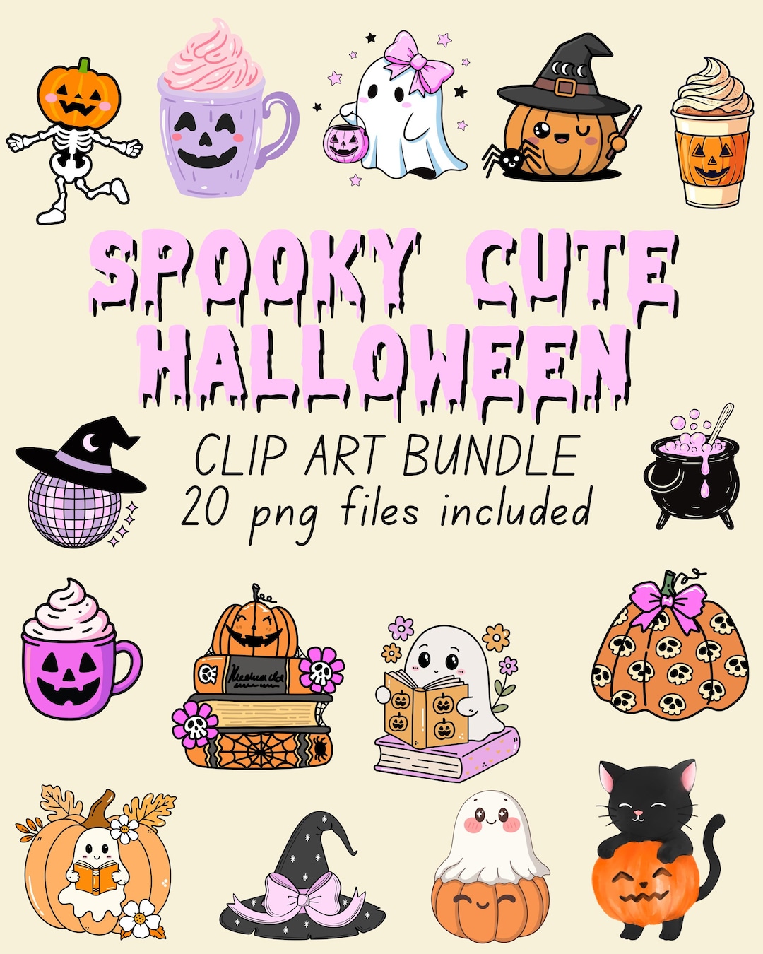 Spooky Cute Halloween Clip Art Bundle (20 PNG Files), Cute Halloween ...