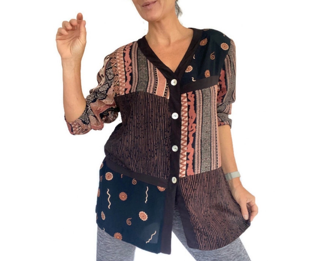 90s Vintage Patchwork Overshirt: Rayon Oversized Blouse (XL/1X) - Etsy