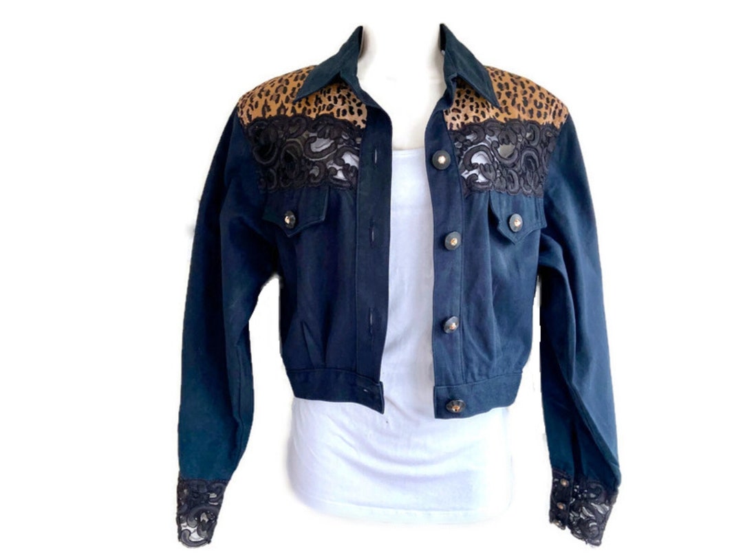 80s Vintage Cropped Denim Jacket: Animal Print Lace, Rhinestone Buttons ...