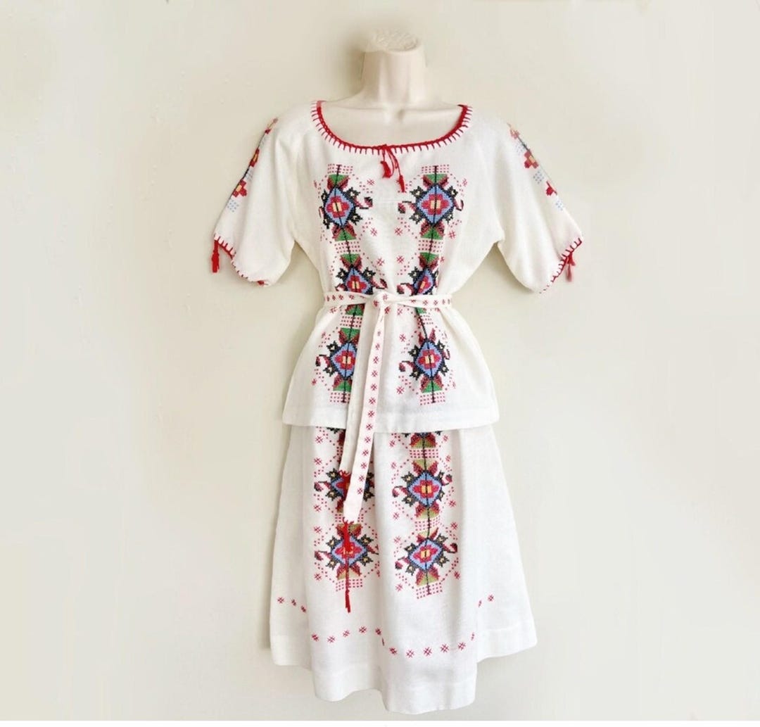 1970s Bohemian Gypsy Dress, Vintage Peasant Embroidered Blouse & Skirt ...