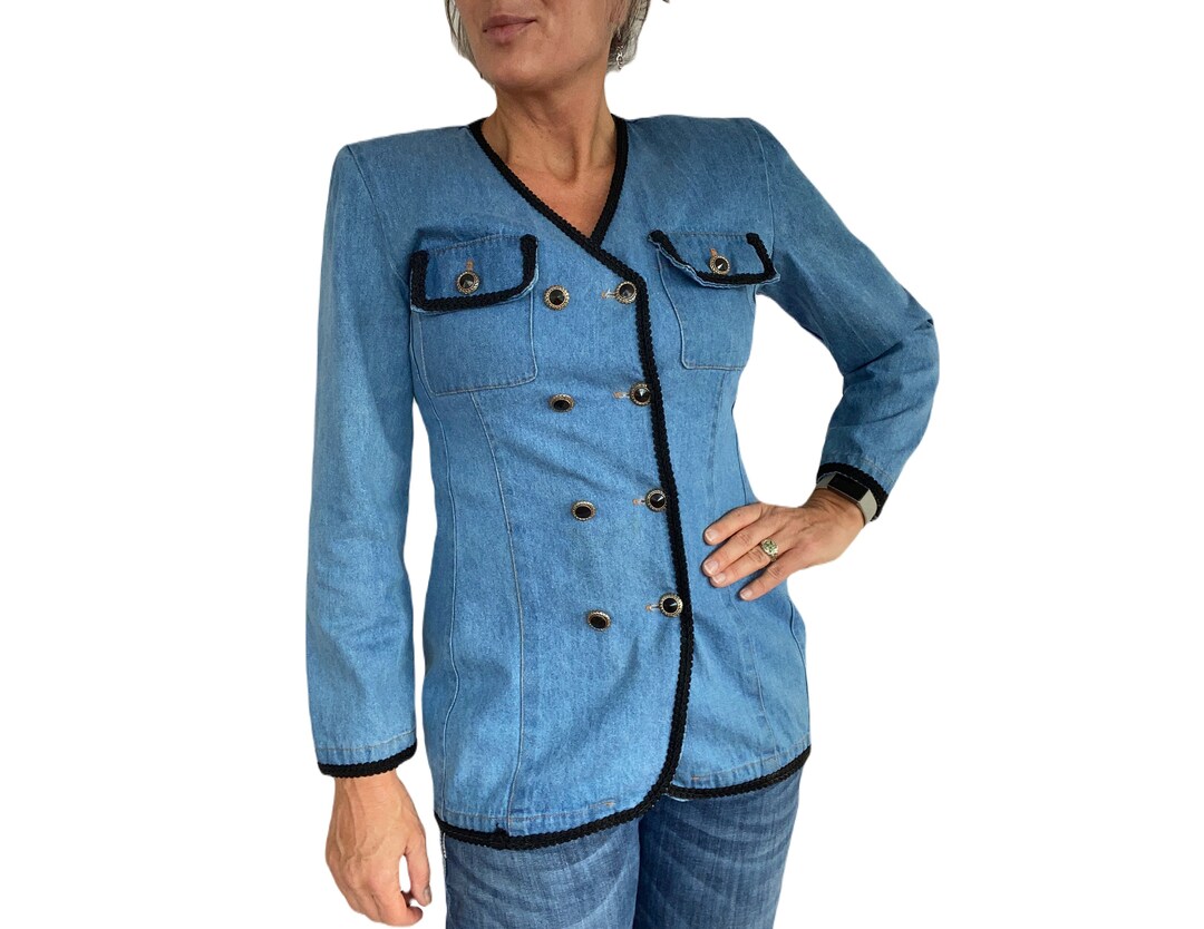 Vintage Power Suit 80s Denim Jacket, Embellished Double Breasted Blazer ...