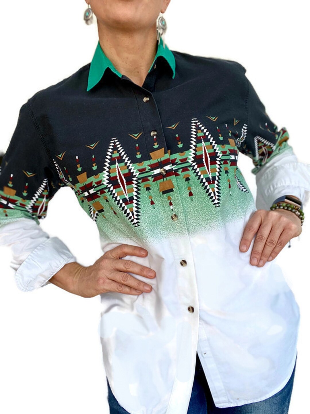 Vintage 90s Western Blouse: Southwestern Aztec Print Cotton Shirt - Etsy