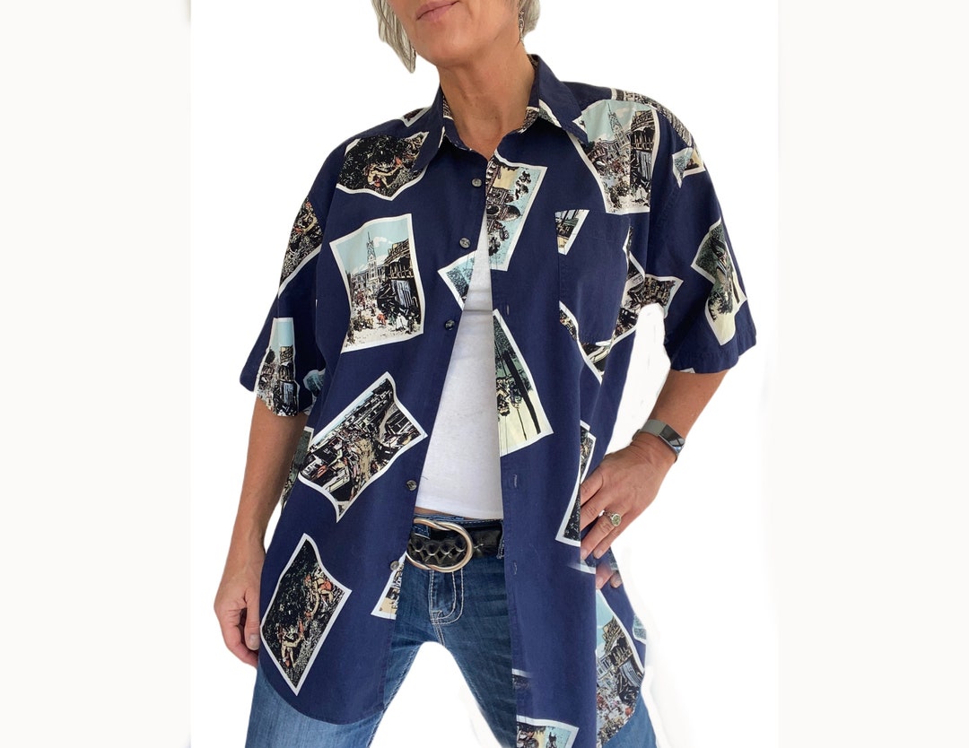 90s Postcard Print Shirt, MENS Travel Theme BBQ, Bachelor Party, Casual ...