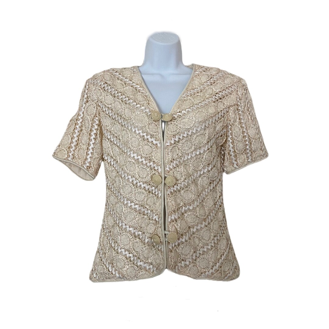 80s Vintage Lace Top, Ivory Bridal Jacket, Embellished Crochet Lace ...