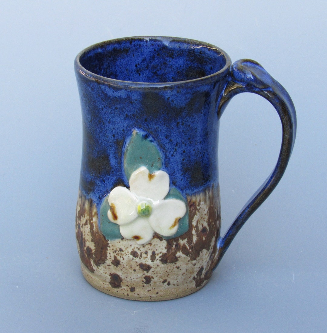 Dark Blue Mug With Dogwood Flower, Large Mug, Wheel Thrown, Hand Made ...