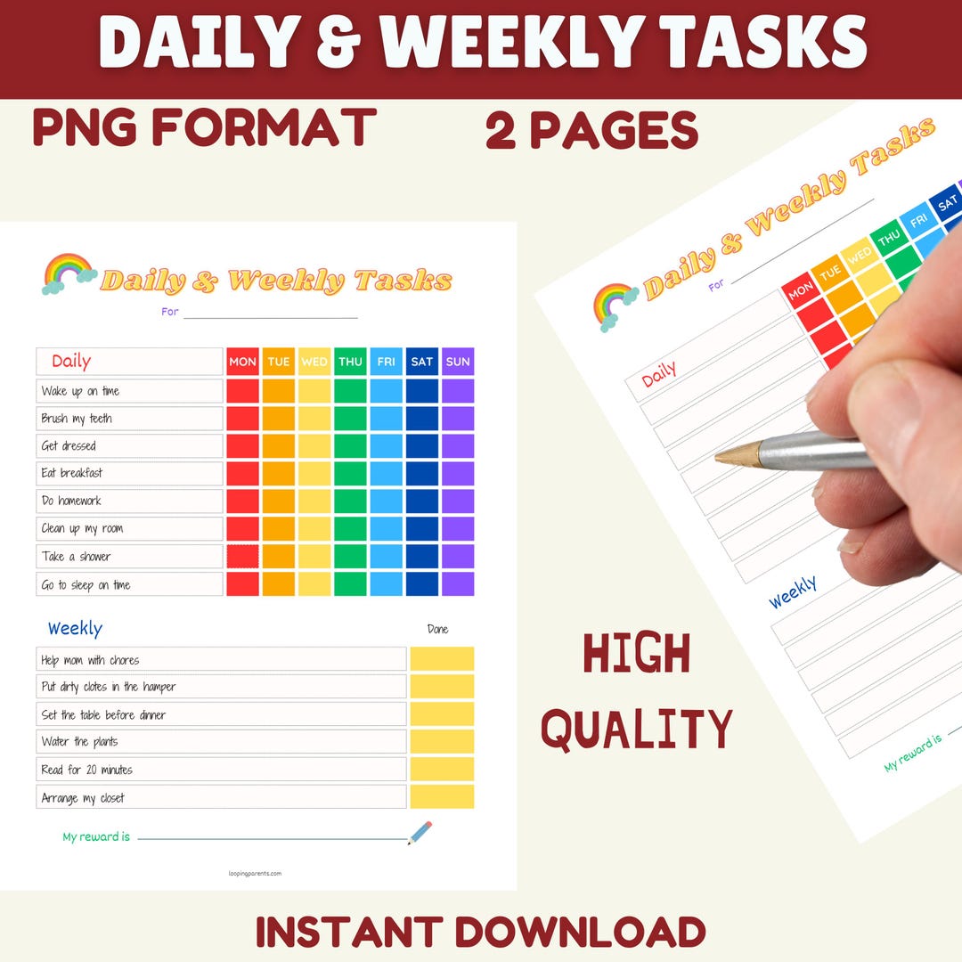 Kids Daily and Weekly Task Chart | Colorful Routine Printable for Kids ...
