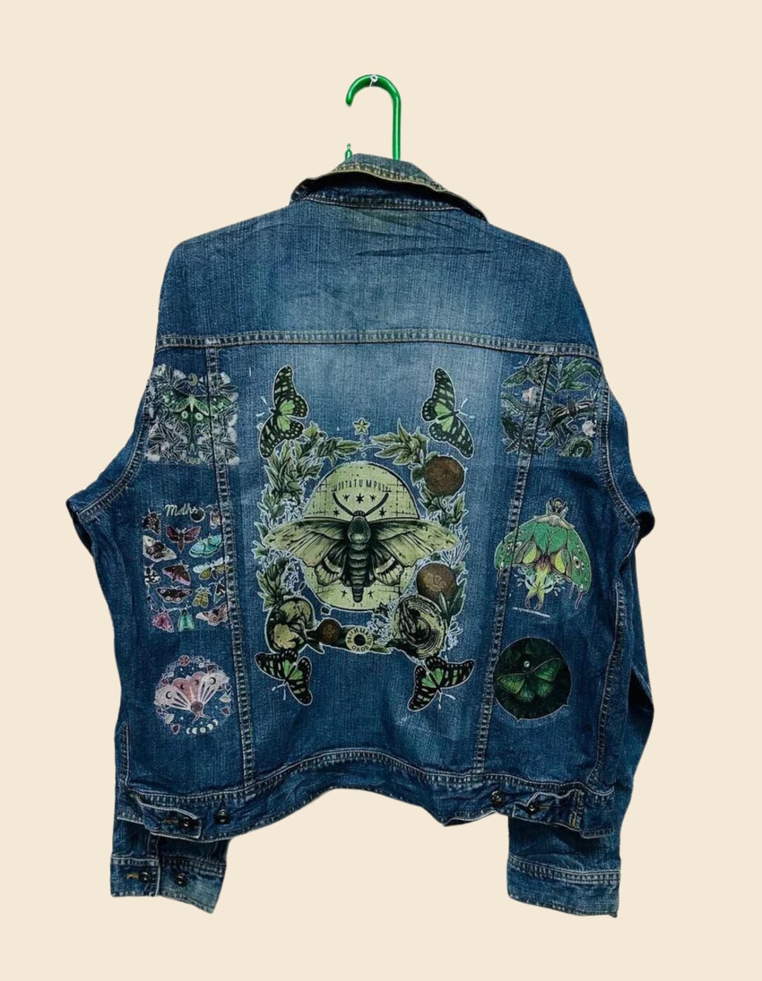 Vintage Denim Jacket With Moth and Nature-inspired Custom Print ...