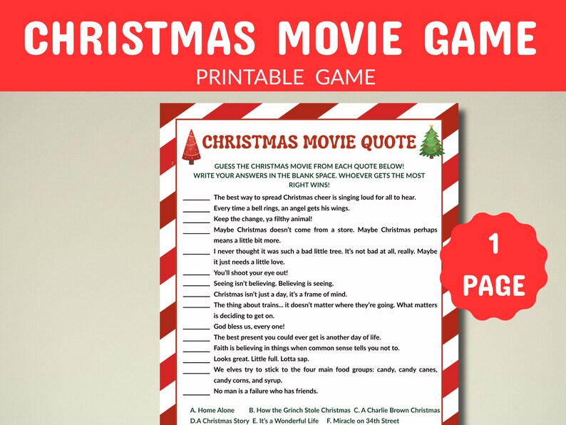 Christmas Movie Quote Game | Printable Holiday Party Game | Christmas ...