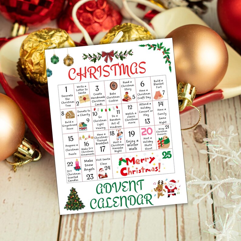 Printable Christmas Advent Calendar | 25-day Holiday Countdown Activity ...