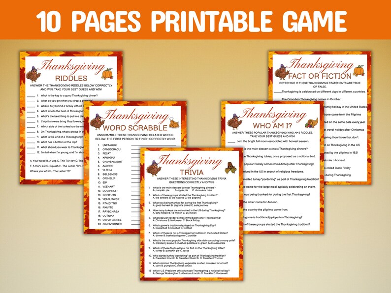 Thanksgiving Games Bundle | Printable Trivia, Riddles (PDF Download) - Etsy