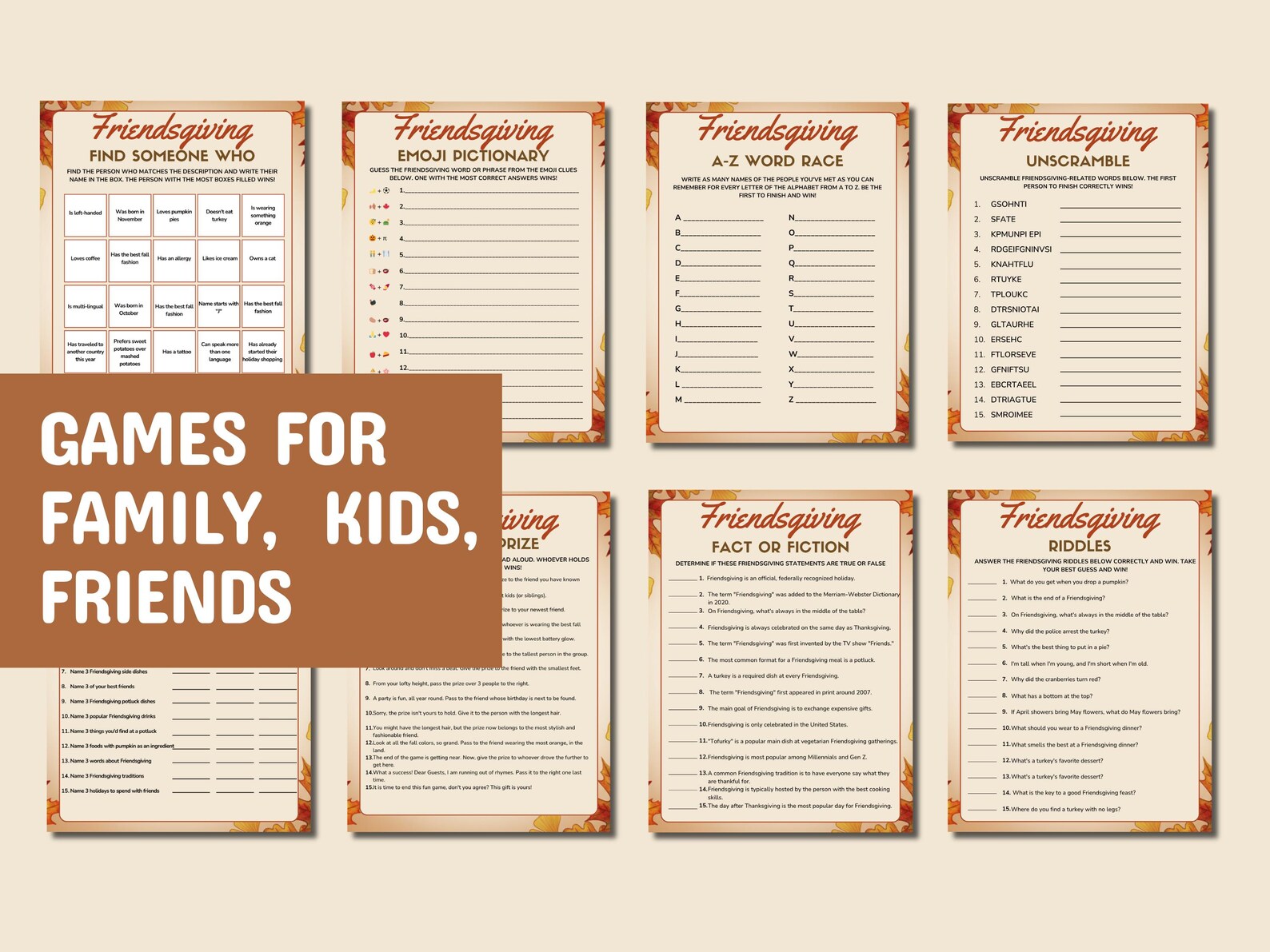 Friendsgiving Games Bundle | Printable Trivia, Riddles (digital ...