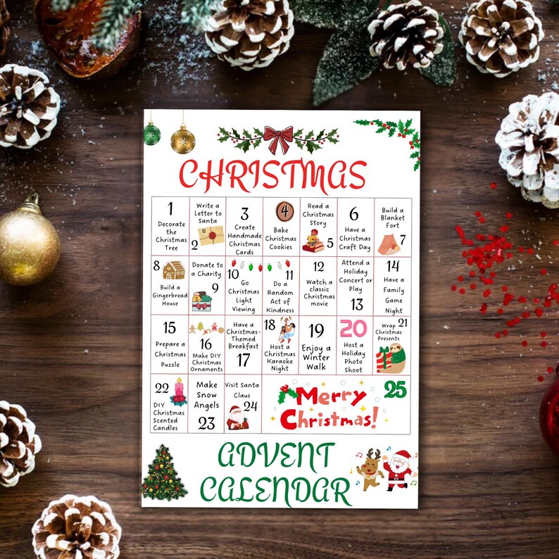 Printable Christmas Advent Calendar | 25-day Holiday Countdown Activity ...