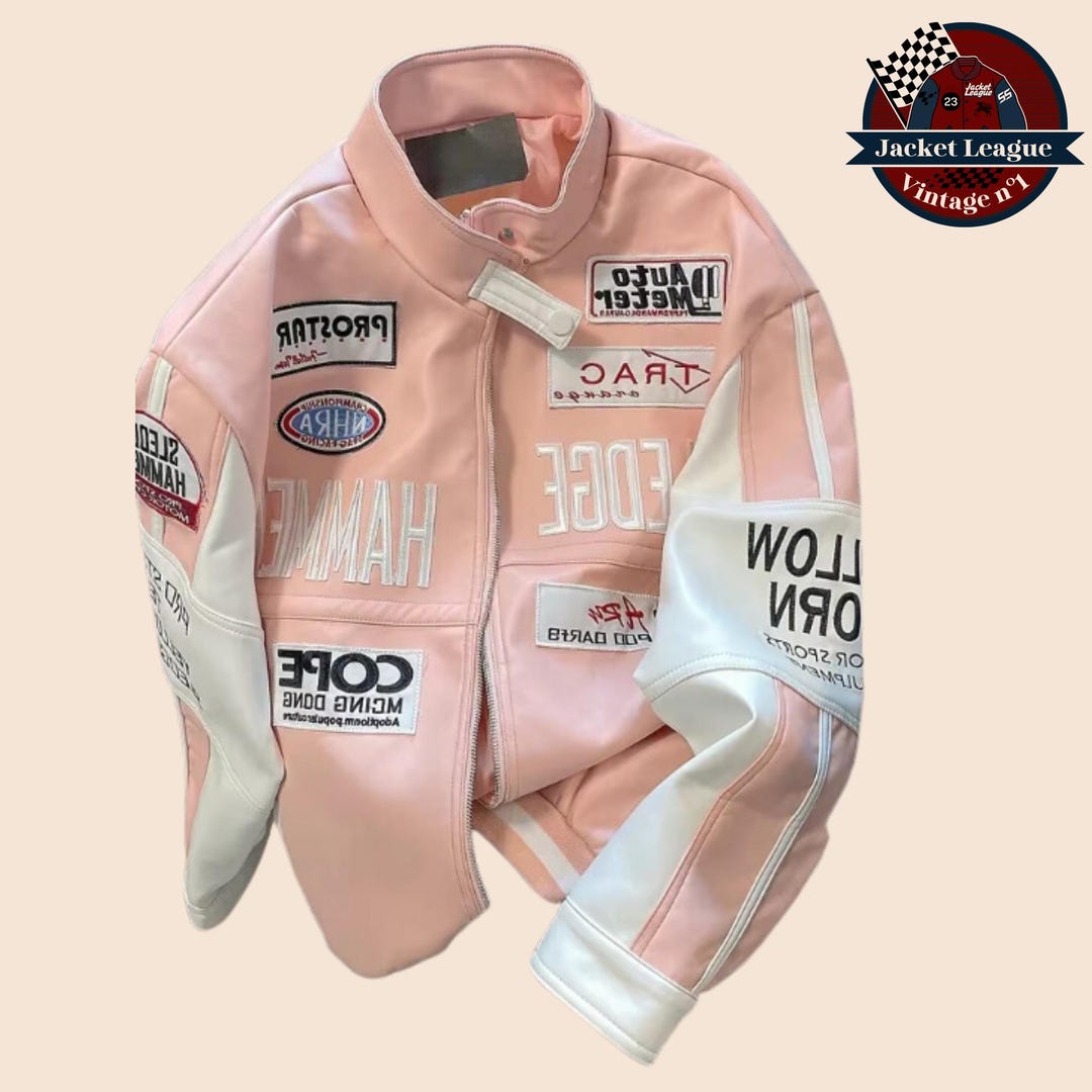 Women's Pink Leather Motorcycle Jacket - Y2K Hip-hop Style, High-quality Embroidered Windproof ...