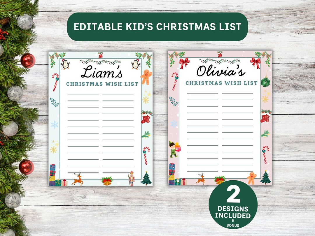 Editable Kids Christmas Wish List DIY, Personalized Holiday Wish List ...