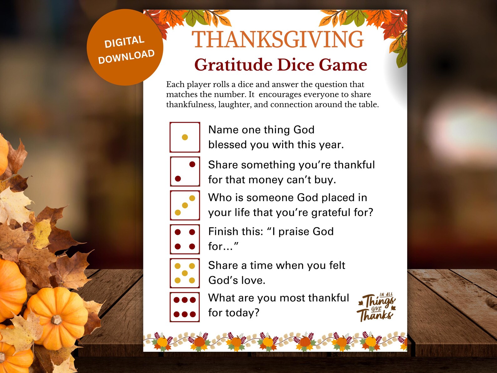 Christian Thanksgiving Gratitude Dice Game Activity, Thanksgiving Game ...