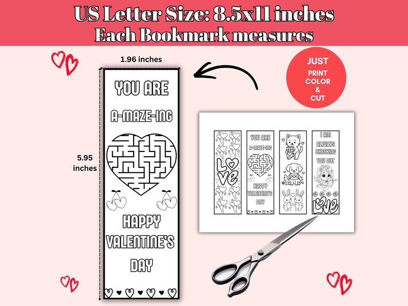 Valentines Day Coloring Bookmarks for Kids, Kids Bookmark, Coloring ...