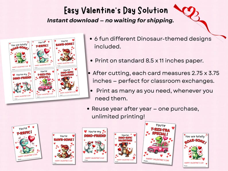Printable Dinosaur Valentines, Kids Class Valentine,boy Valentine Card ...