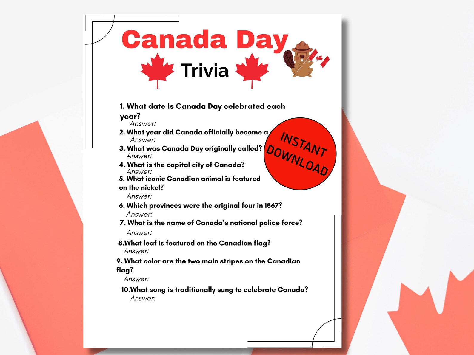 Canada Day Trivia Party Game Printable | Family Reunion Games | Canada ...