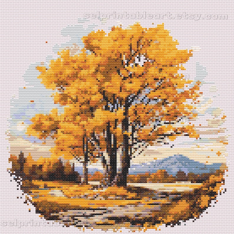 Yellow Autumn Tree Cross Stitch Pattern, Fall Mountain Landscape ...