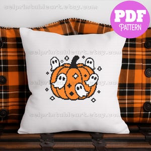 Haunted Pumpkin Cross Stitch Pattern, Cute Ghost Halloween Embroidery ...