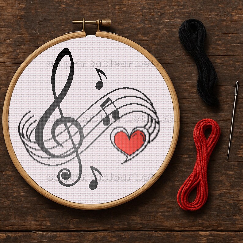 Love Harmony Music Notes Cross Stitch, Treble Clef Heart Embroidery ...