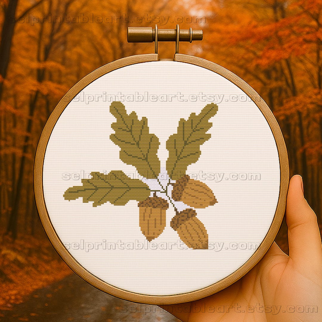 Oak Acorn Cross Stitch Pattern, Small Autumn Embroidery Design, Cozy ...