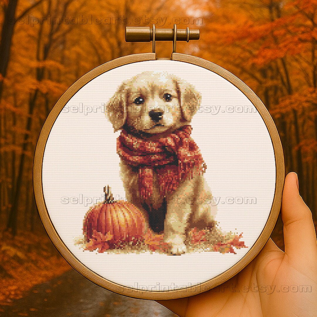 Golden Retriever Puppy Cross Stitch Pattern, Autumn Harvest Dog ...