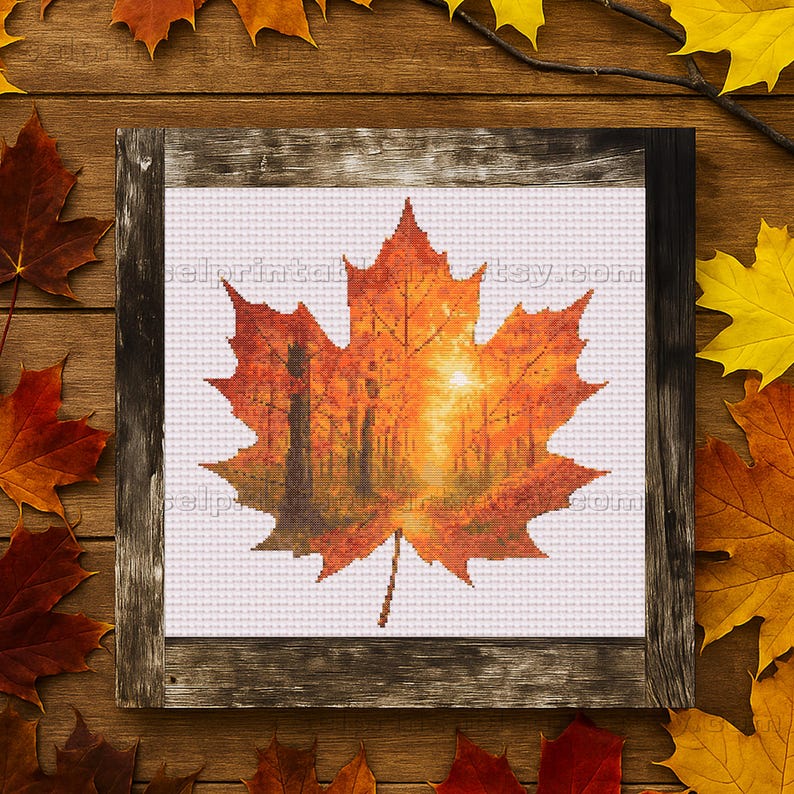 Autumn Forest Landscape in Maple Leaf Cross Stitch Pattern, Maple Leaf ...