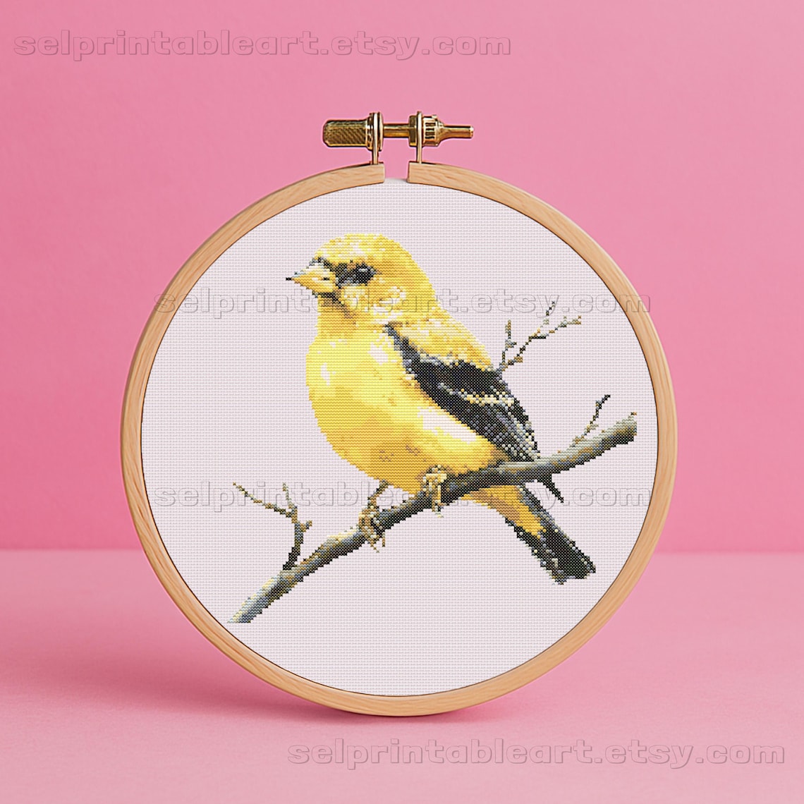 Little American Goldfinch Cross Stitch Embroidery on Branch Nature Bird ...
